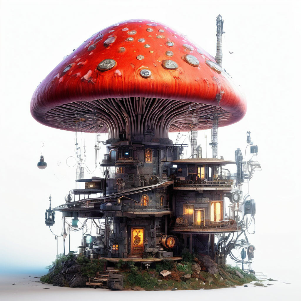"Fly agaric house from cyberpunk, symbiosis of fly agaric and machine ...