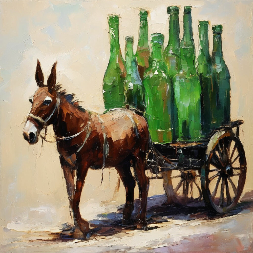 "Oil on canvas, palette knife. a seller of brown and green bottles. a ...