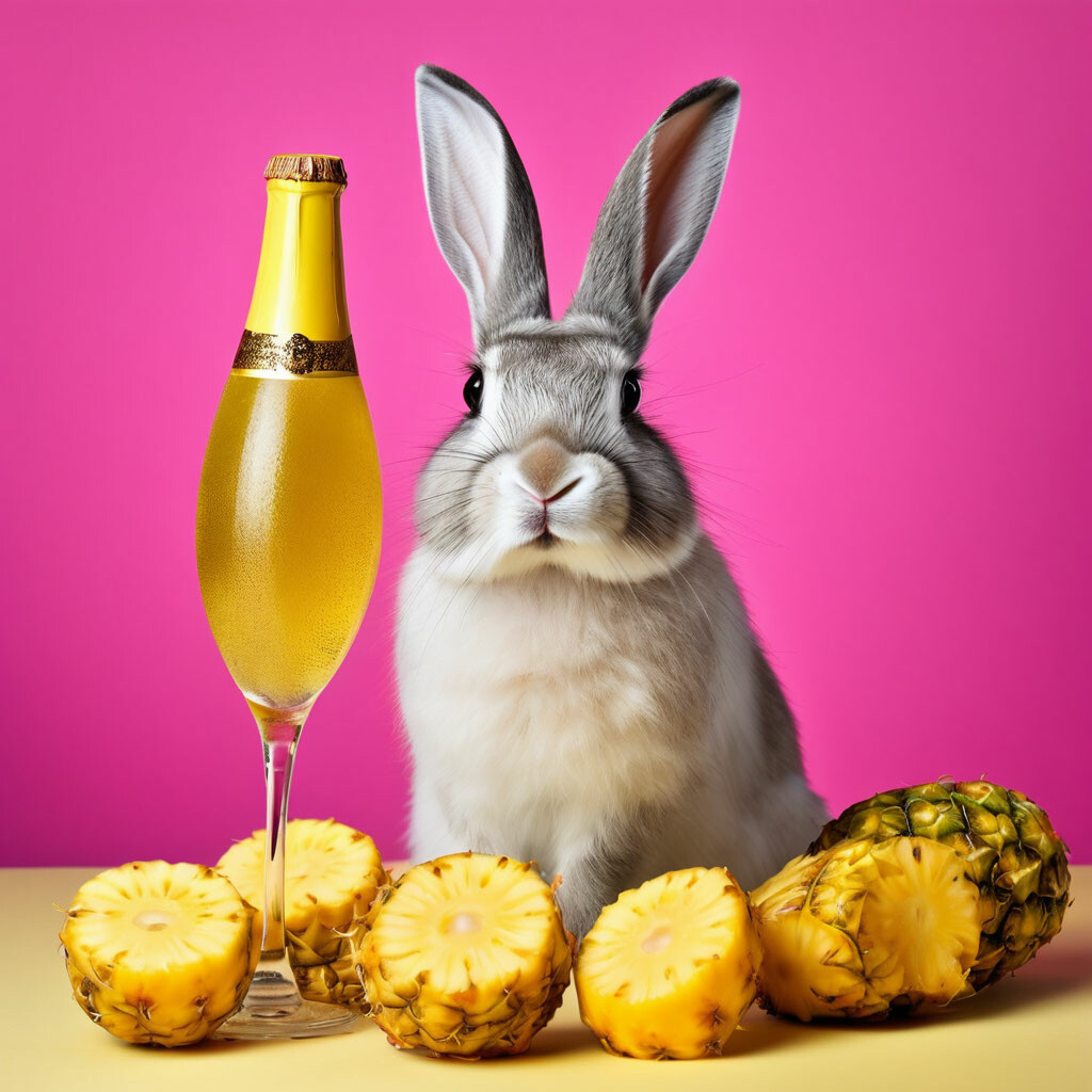 "Rabbit drinks champagne and eats pineapples" — image created in Shedevrum