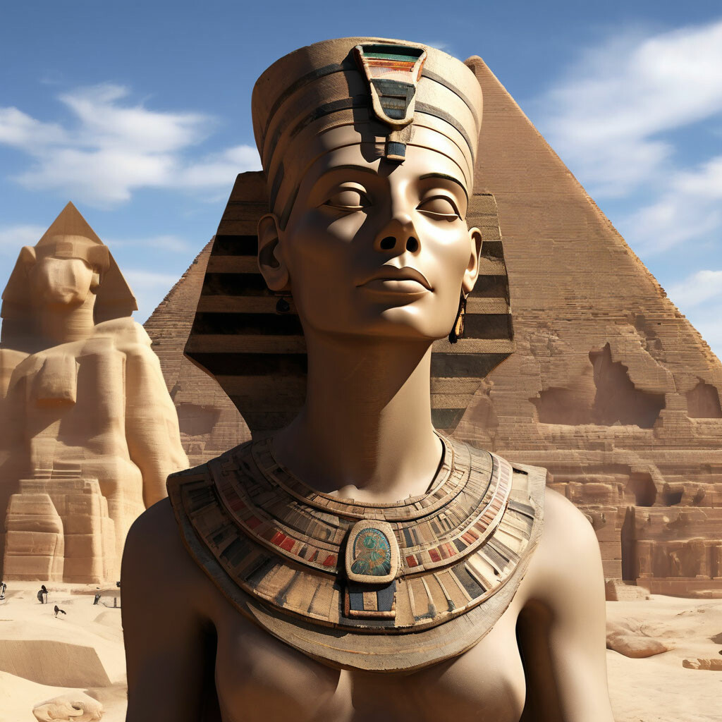 "Nefertiti near the Sphinx" — image created in Shedevrum