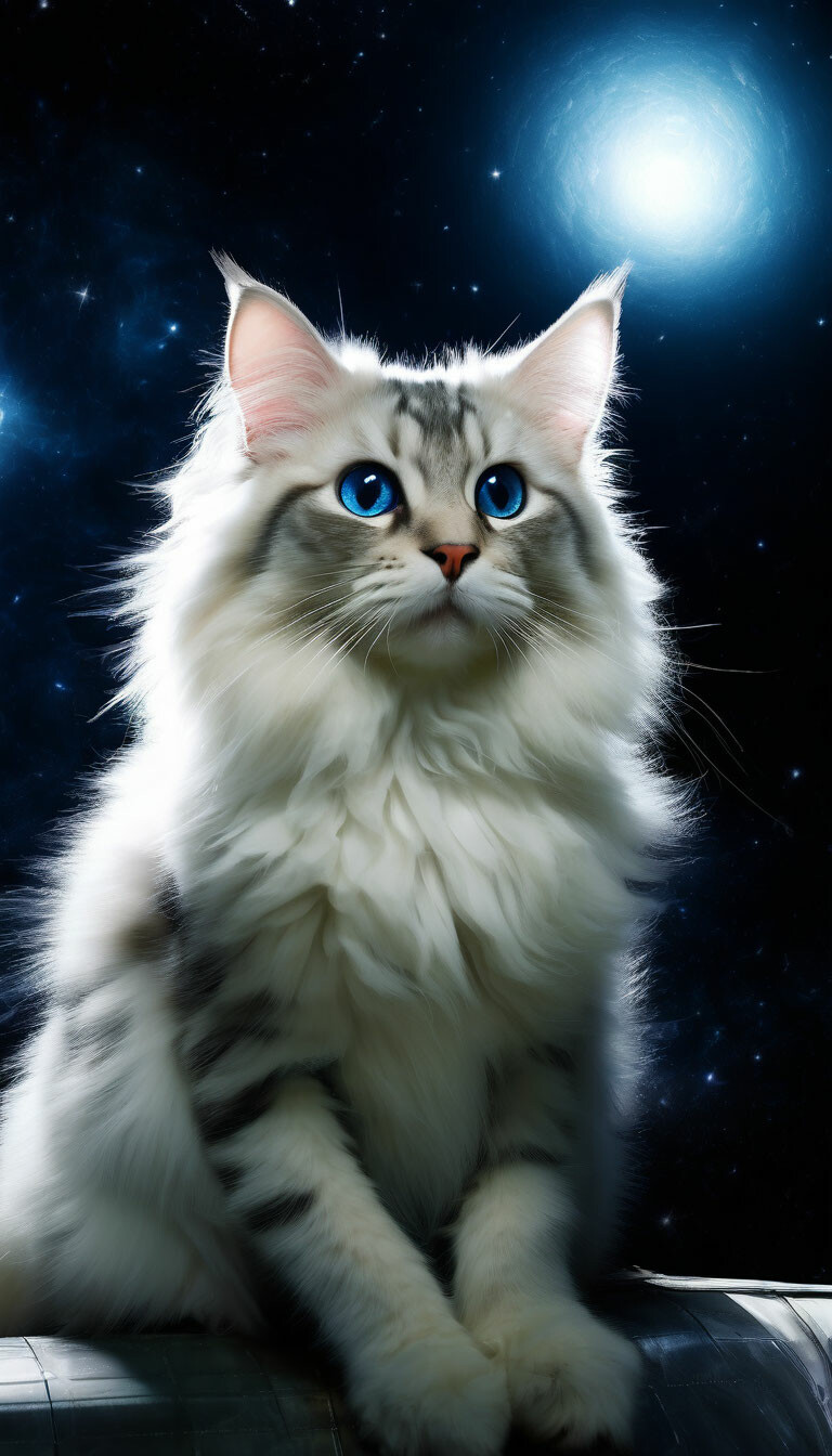 ". a beautiful strange brooding cat is sitting in space, white-black ...