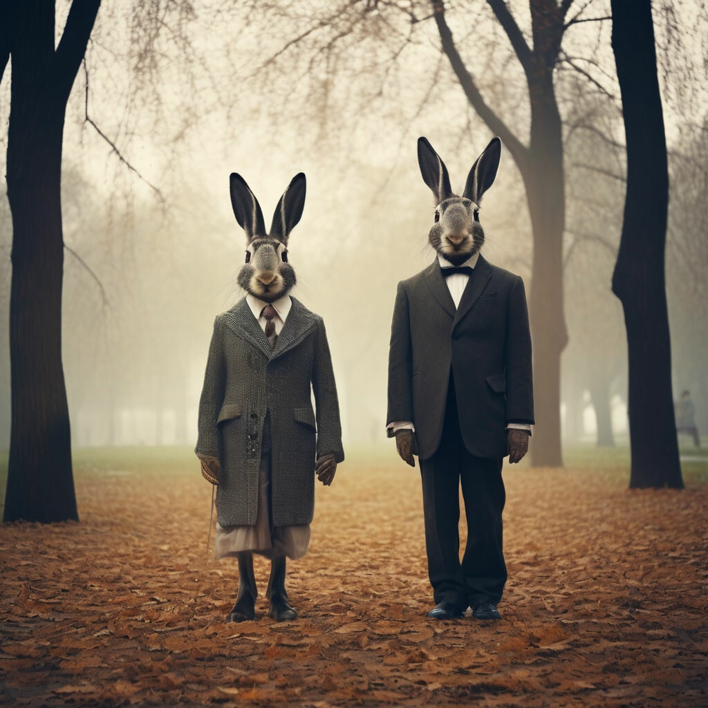 "Photo series "Prosaek" a hare and a well-dressed hare walking in the ...