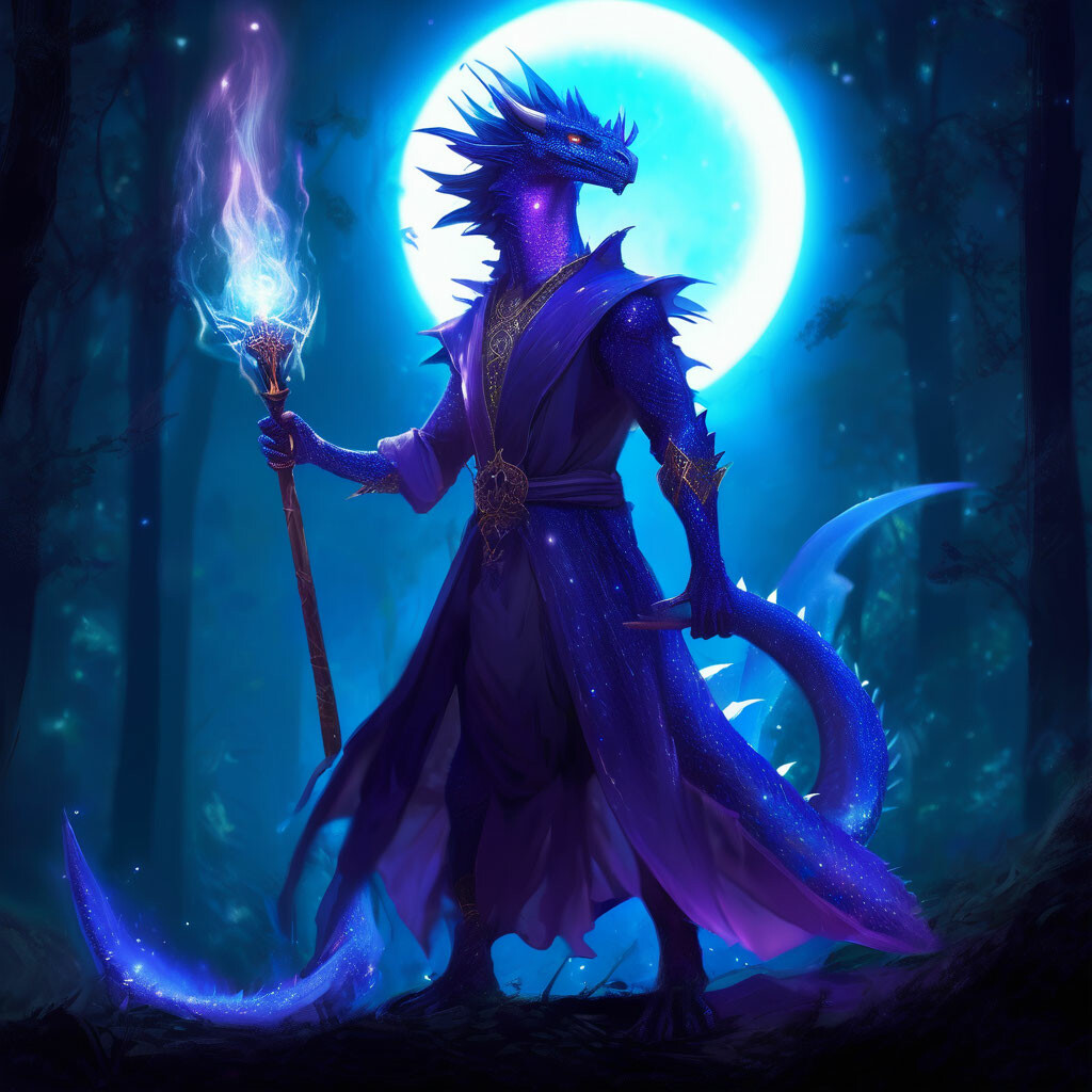 "2D, beautiful tall anthropomorphic blue dragon mage in beautiful ...
