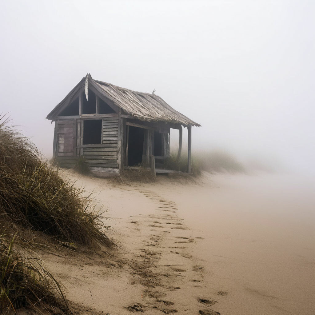 "A sand-covered shack on a deserted …" — image created in Shedevrum