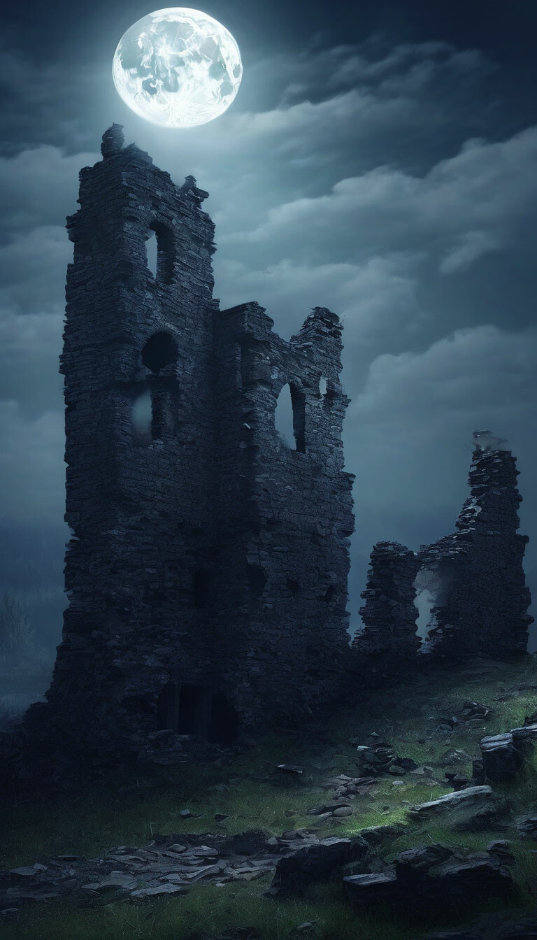"Ghostly castle ruins in the moonlight…" — image created in Shedevrum