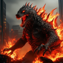 «Godzilla spews flames» — video created in Shedevrum