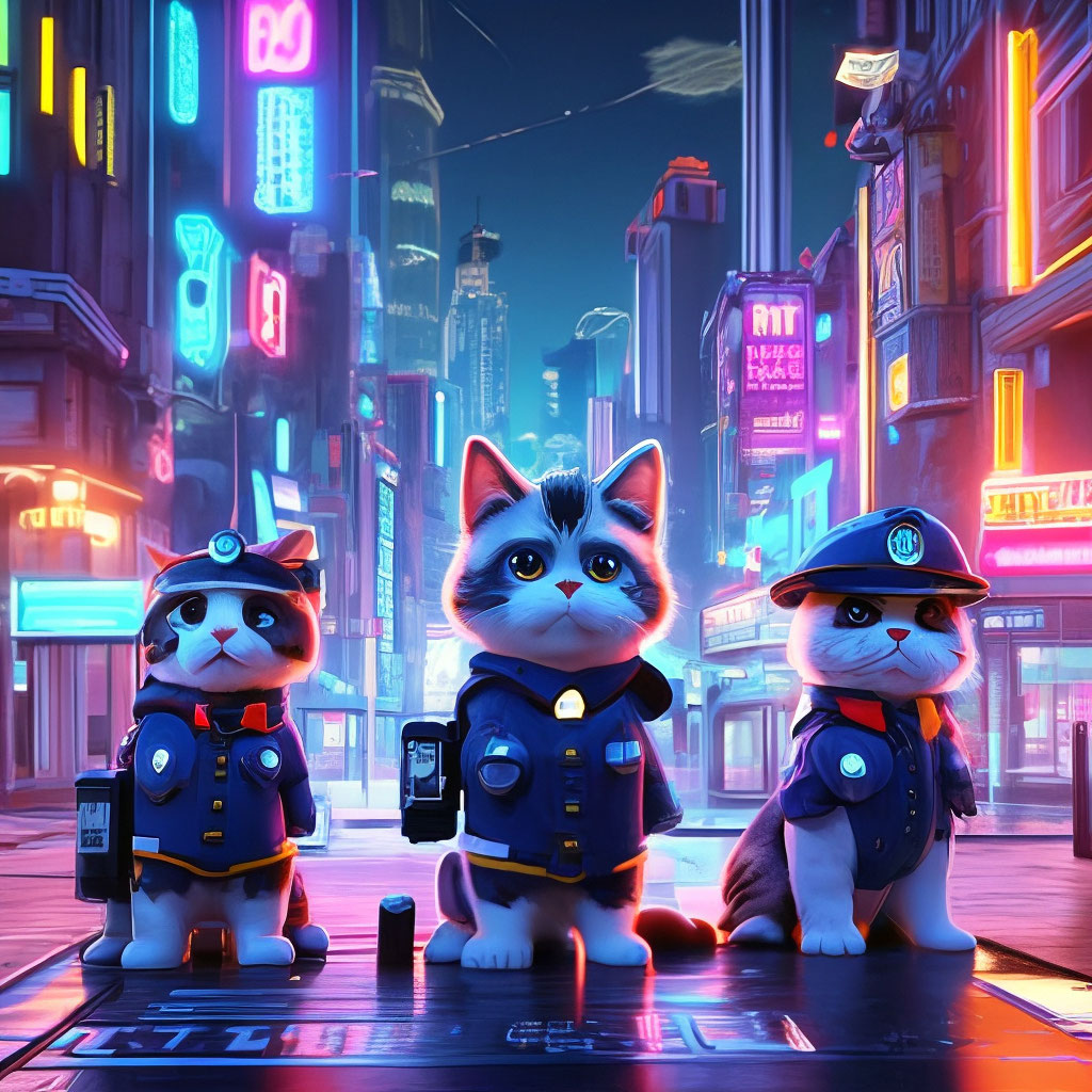 "Future town, police cats with detective dogs, night, neon ...