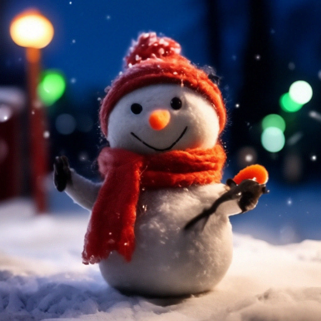 "Snowman with a carrot, snow, playground, snow is falling in flakes ...