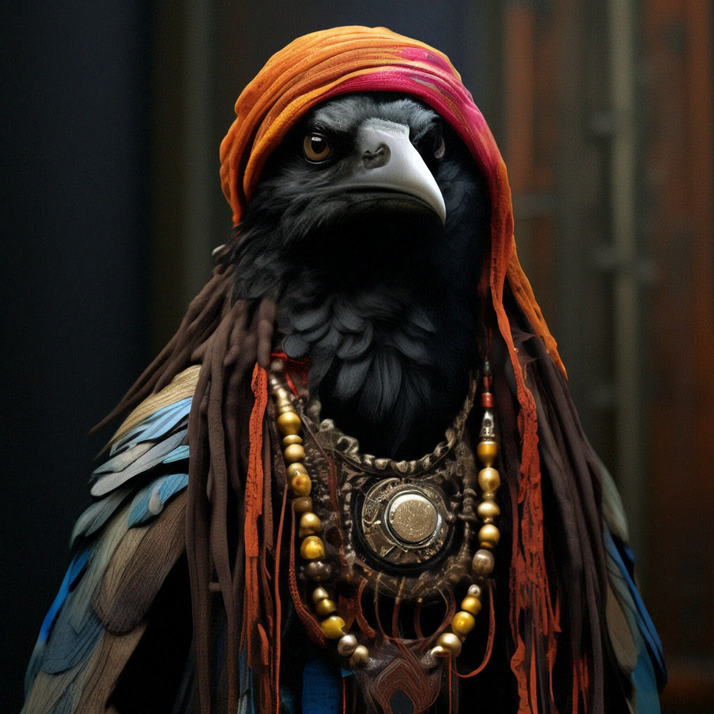 "The leader of the crows A crow in a boho style dress, a cap on her ...