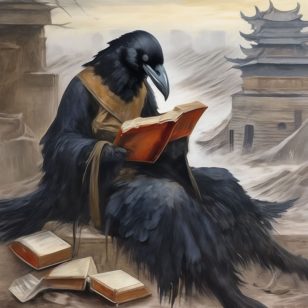 "Wise raven reads a book,Chinese painting, full body view" — image ...