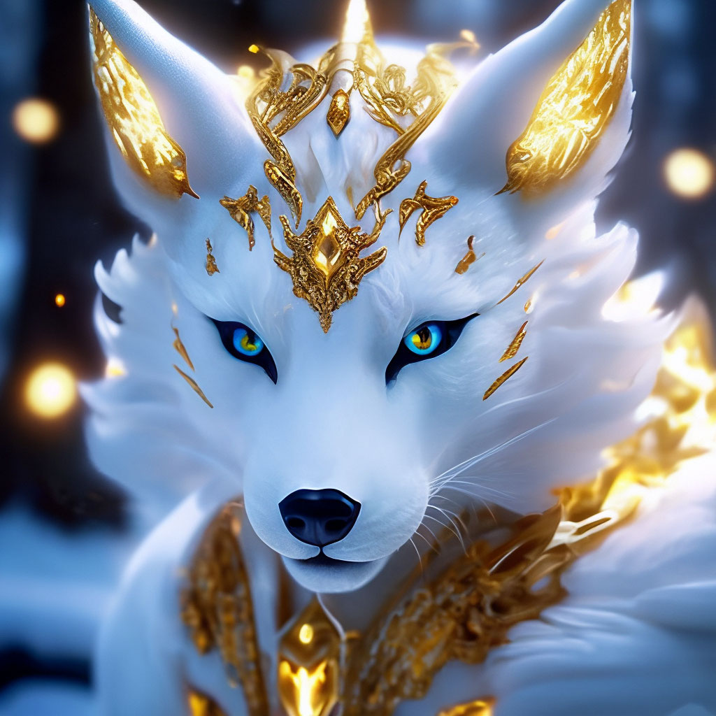 "The mythical magical snow-white kitsune is made of energy golden armor ...