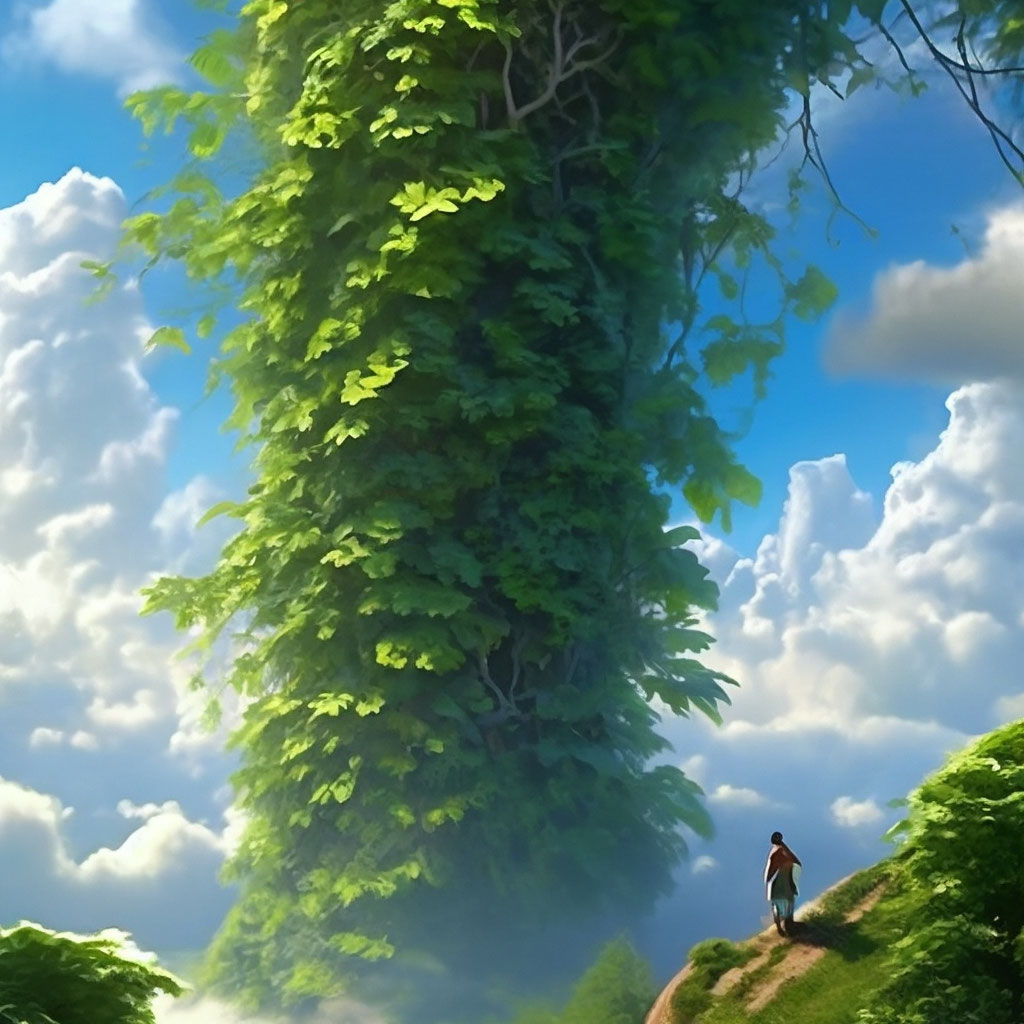 "A giant climbing vine from the ground to the sky hides in the clouds ...