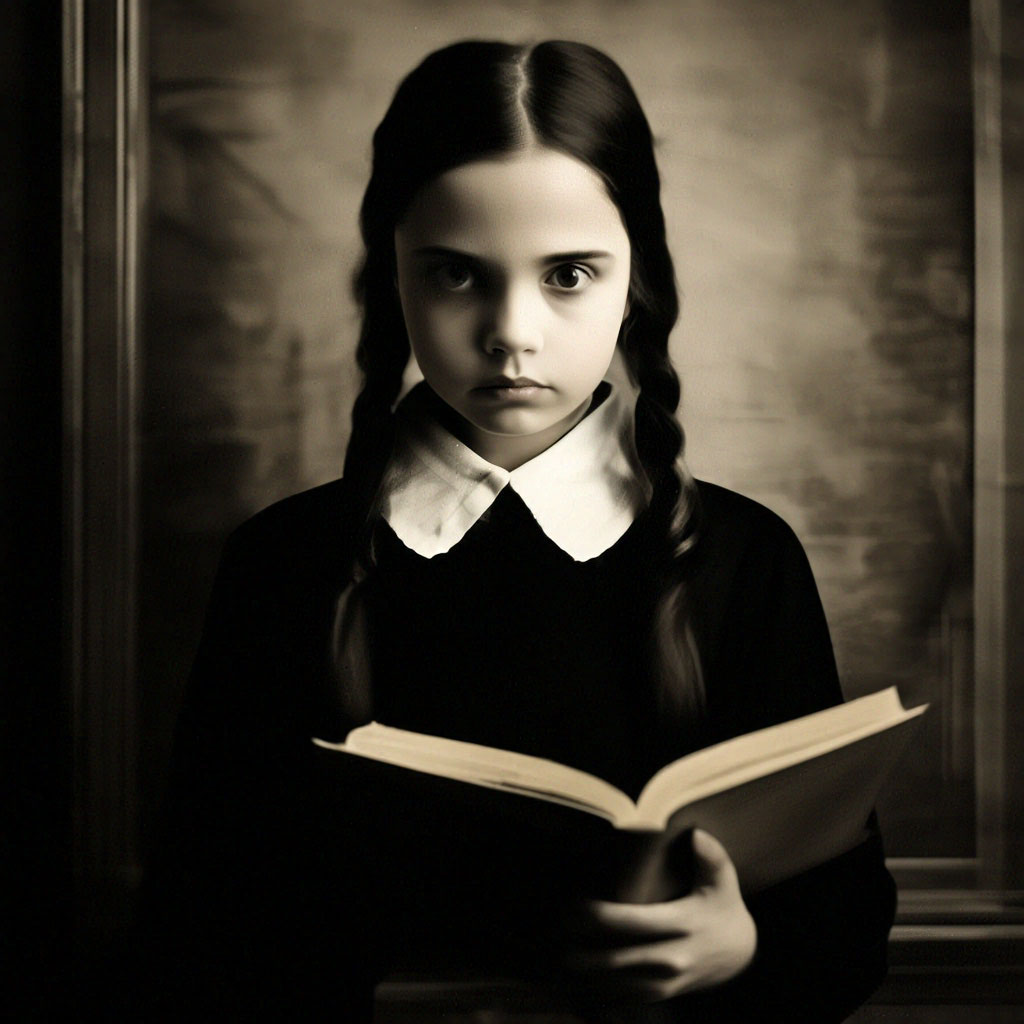 "Wednesday Addams holding a book, camera obscura, horror, dark, sepia ...