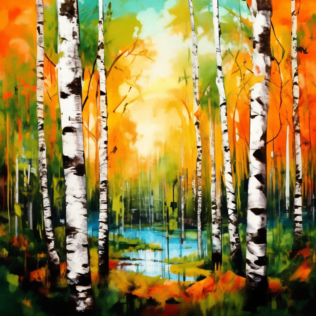 "Birch grove, painting, grunge" — image created in Shedevrum