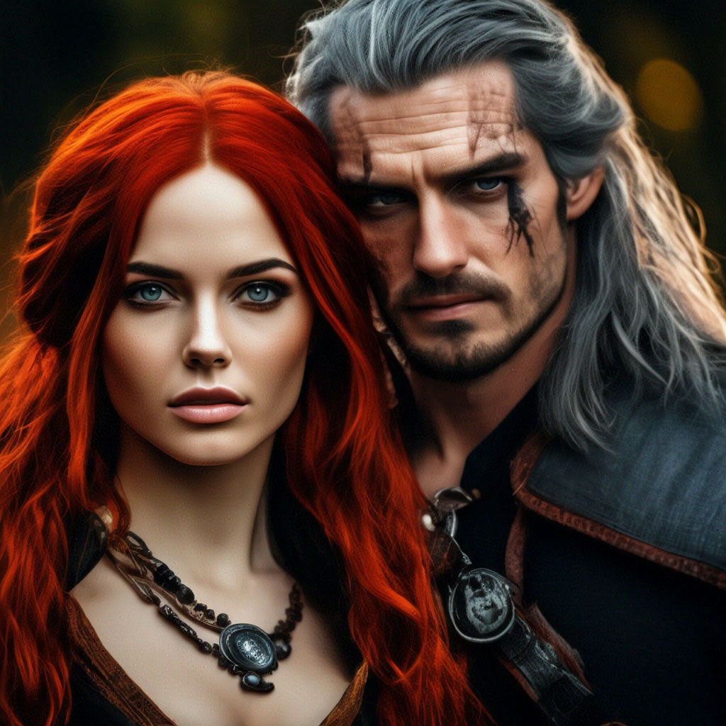 " ️ portrait of the Witcher Gerald and brunette Jennifer and redhead ...