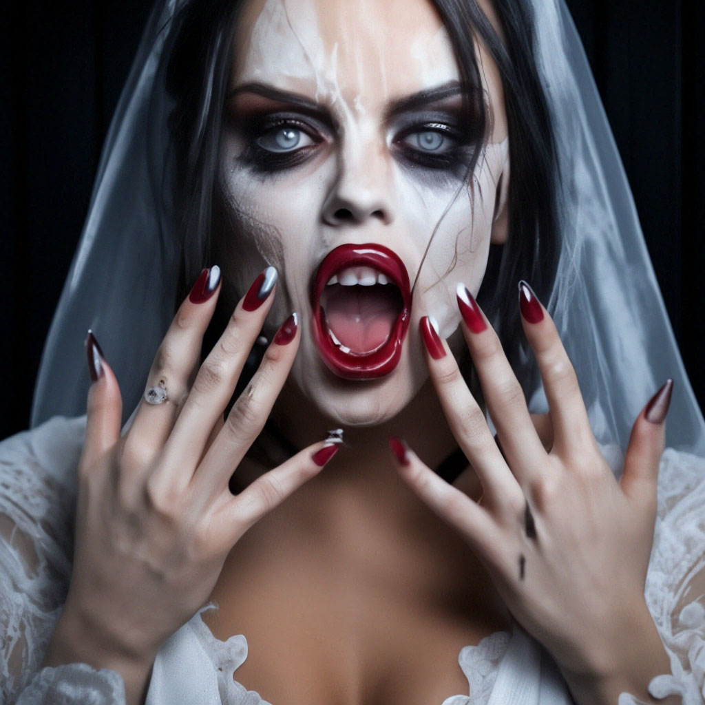 "@Juls_Summers demonic, possessed bride, white eyes, sloppy makeup ...