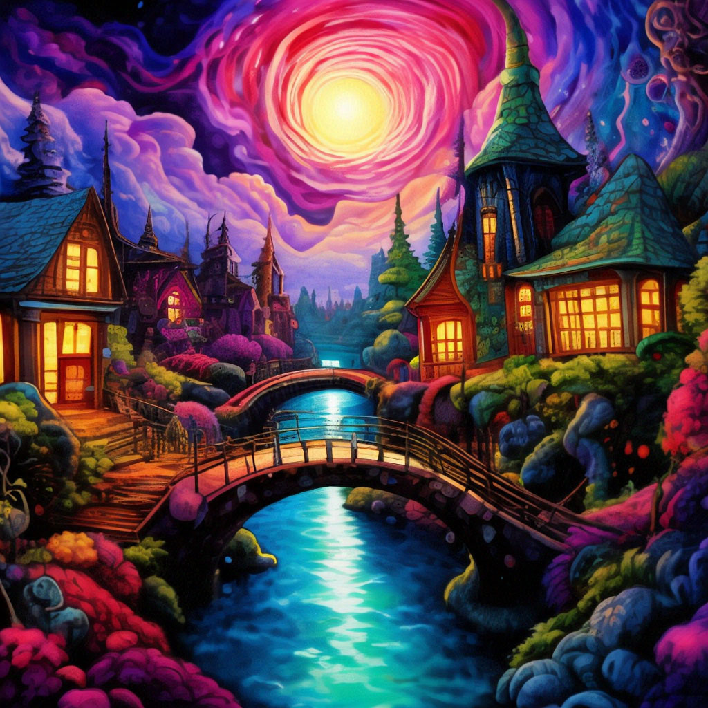 "Surrealism,psychedelics,houses, bridges careful drawing of details ...