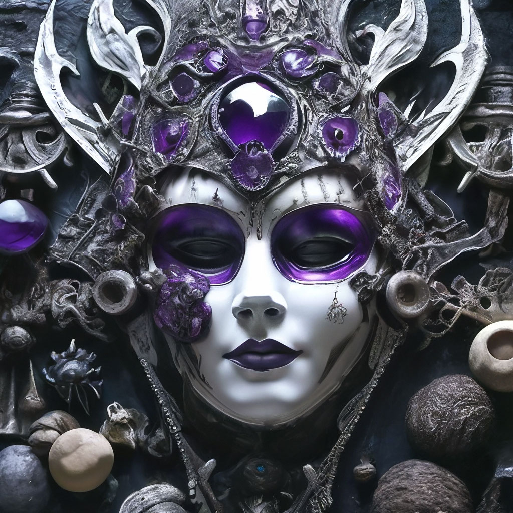 "Surrealism, mystical ancient carnival mask, amethyst stone, coal and ...