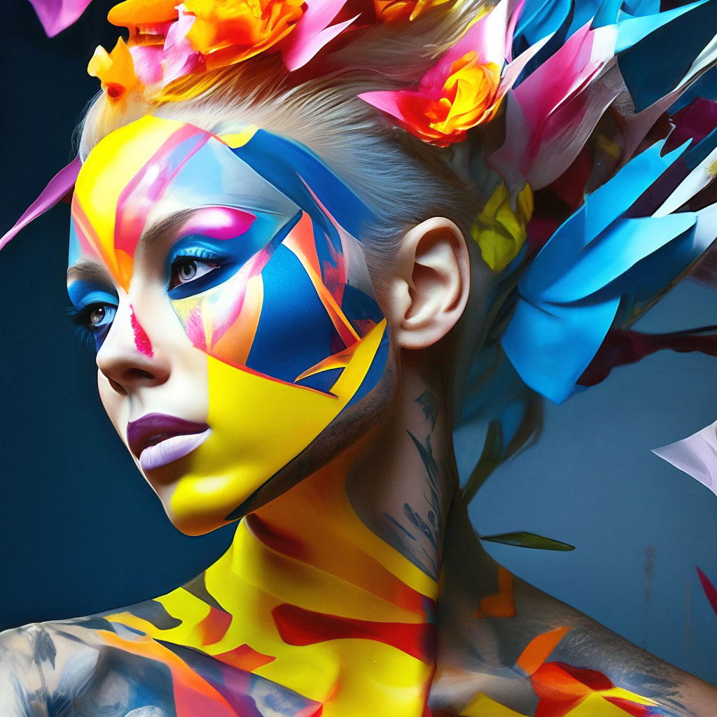 "A woman with flashy makeup and bright paint on her face.Geometric ...