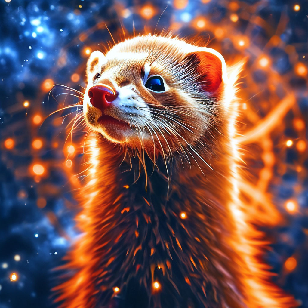 "Fractal pattern drawing, ferret shining with bright orange flame ...