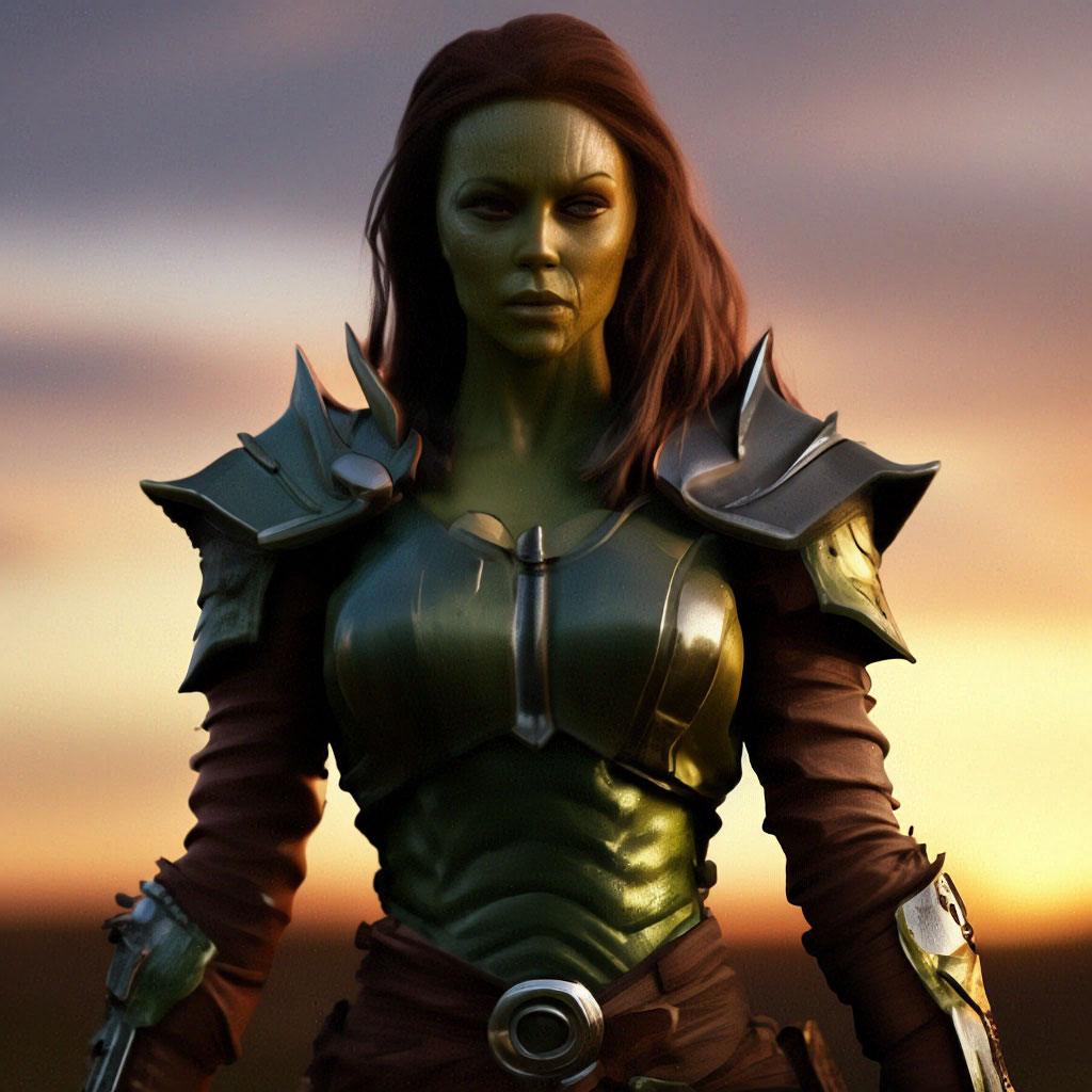 "An orc warrior with green skin in a full-length armor jacket hyper ...