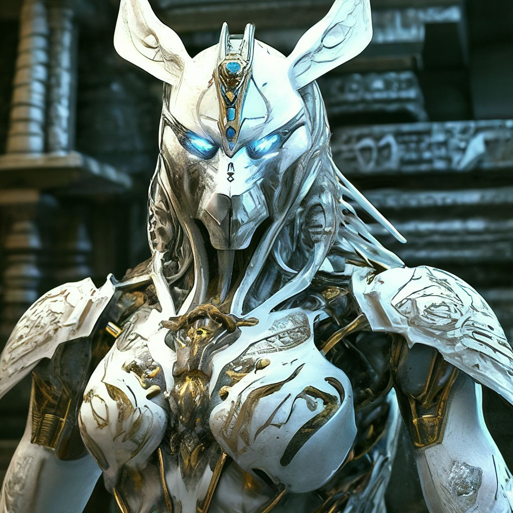 "Full-length, brutal terrifying white anubis cyborg in Indian style ...