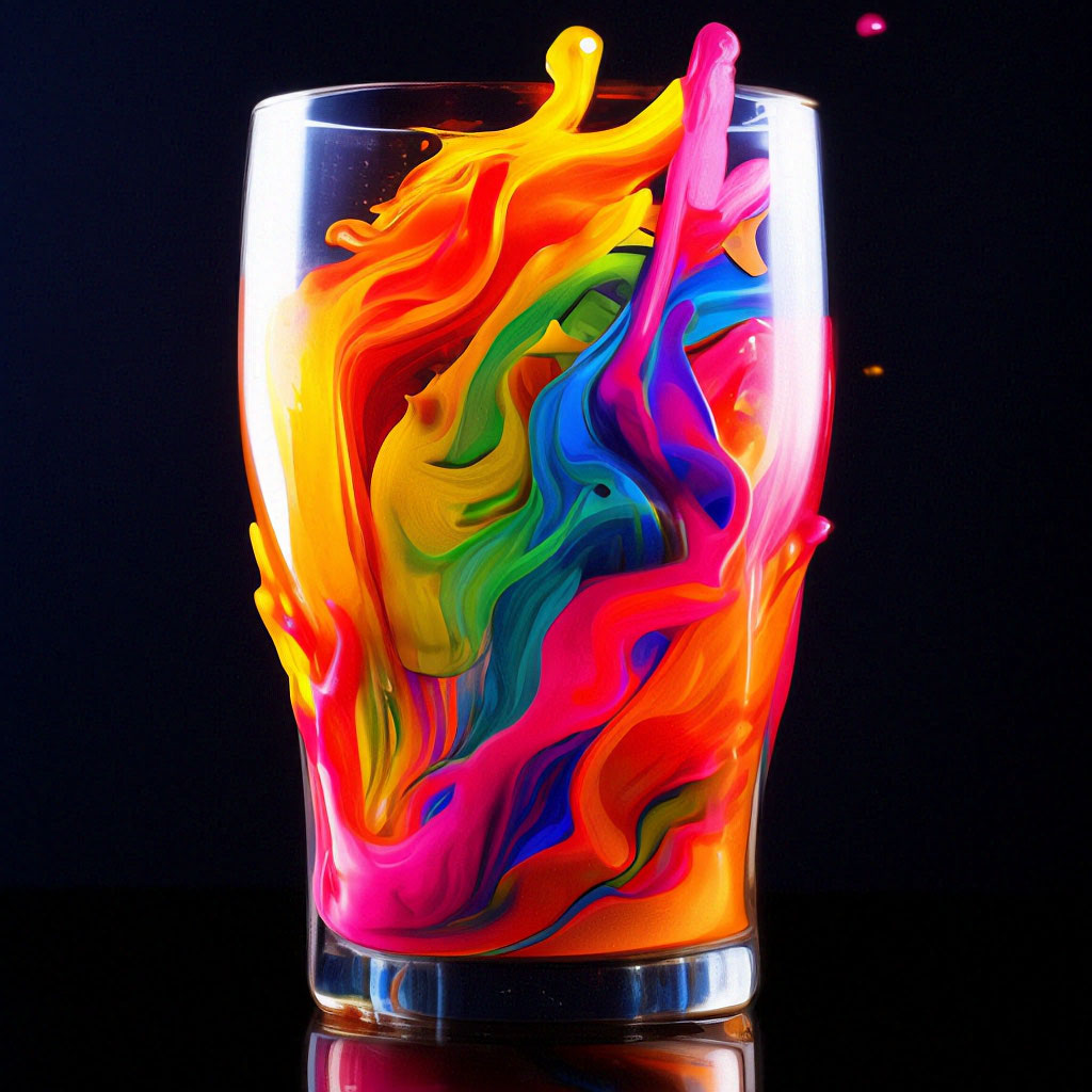 "A painting of a juice in the glass with colorful lines, psychedelic ...