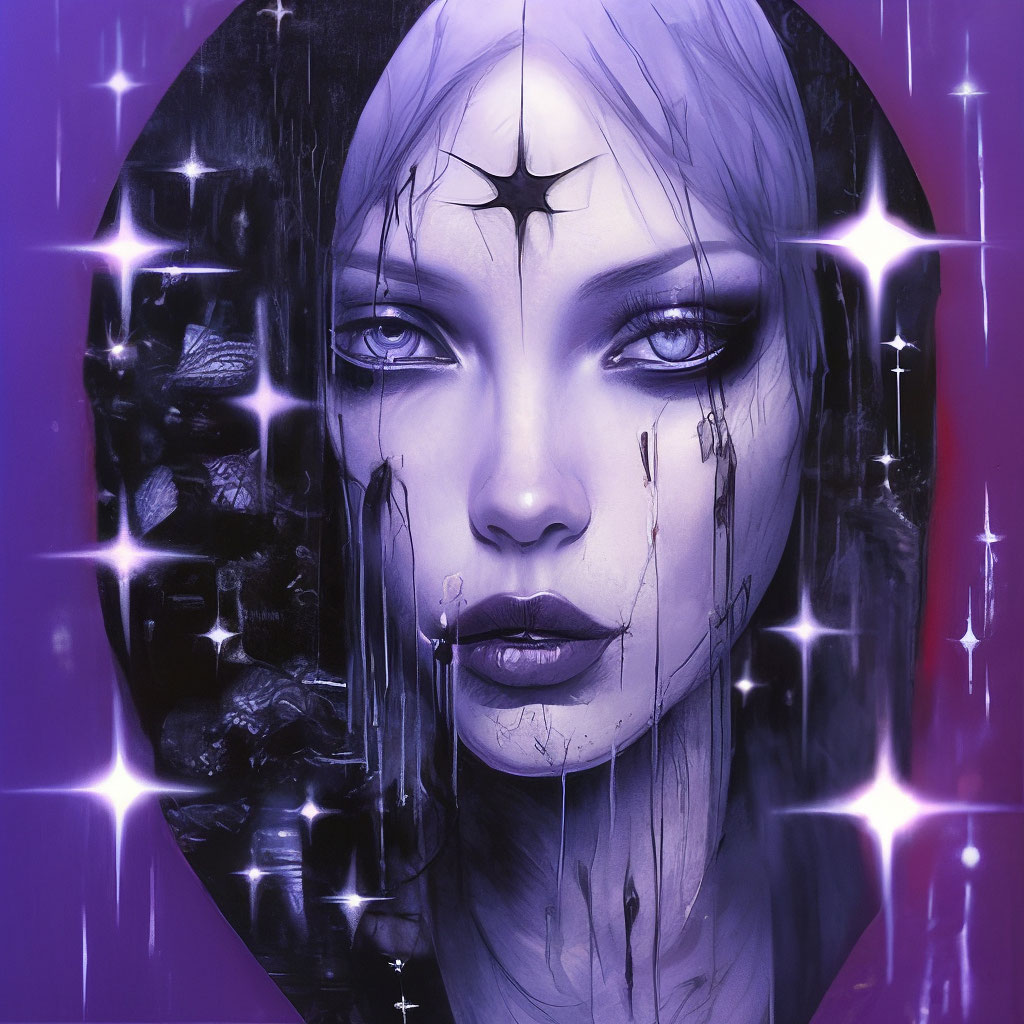 "Crescent face, pale essence, fear, crack, witch's eyes, dark violet ...