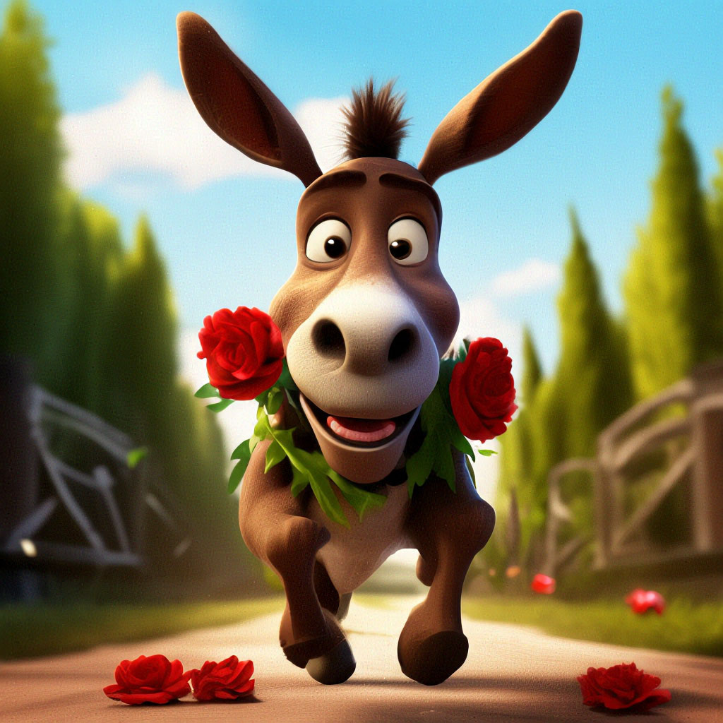 "Humorous caricature ,cartoon donkey from Shrek with roses,funny ...