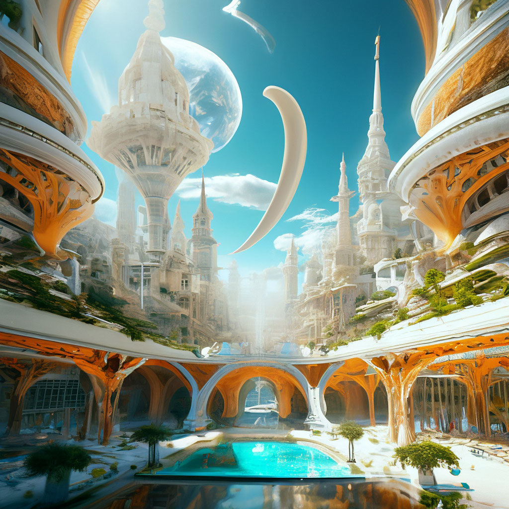 "Alien world,cirrus clouds,bizarre phantasmagoric city,fountains ...