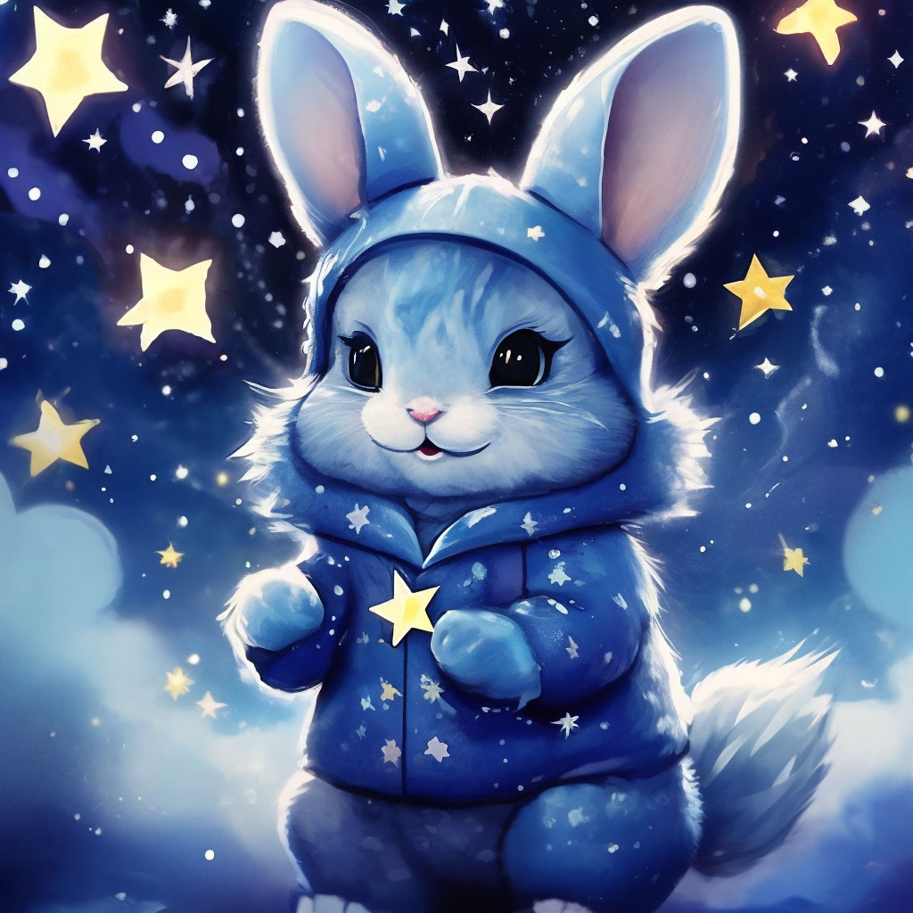 "A little indigo Rabbit collects the stars, very furry, very cute ...