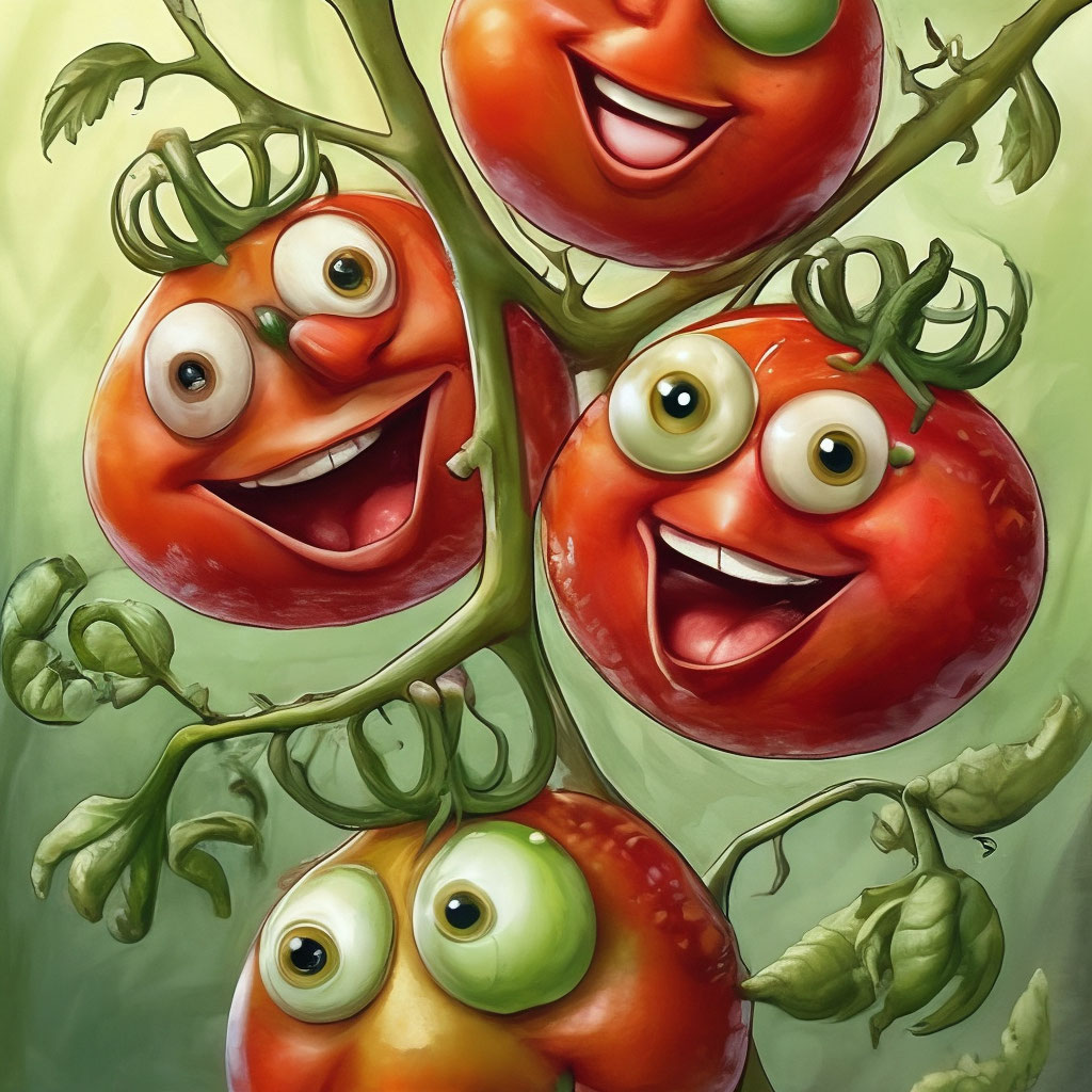 "Funny tomatoes on a branch, lively facial expressions, raster drawing ...