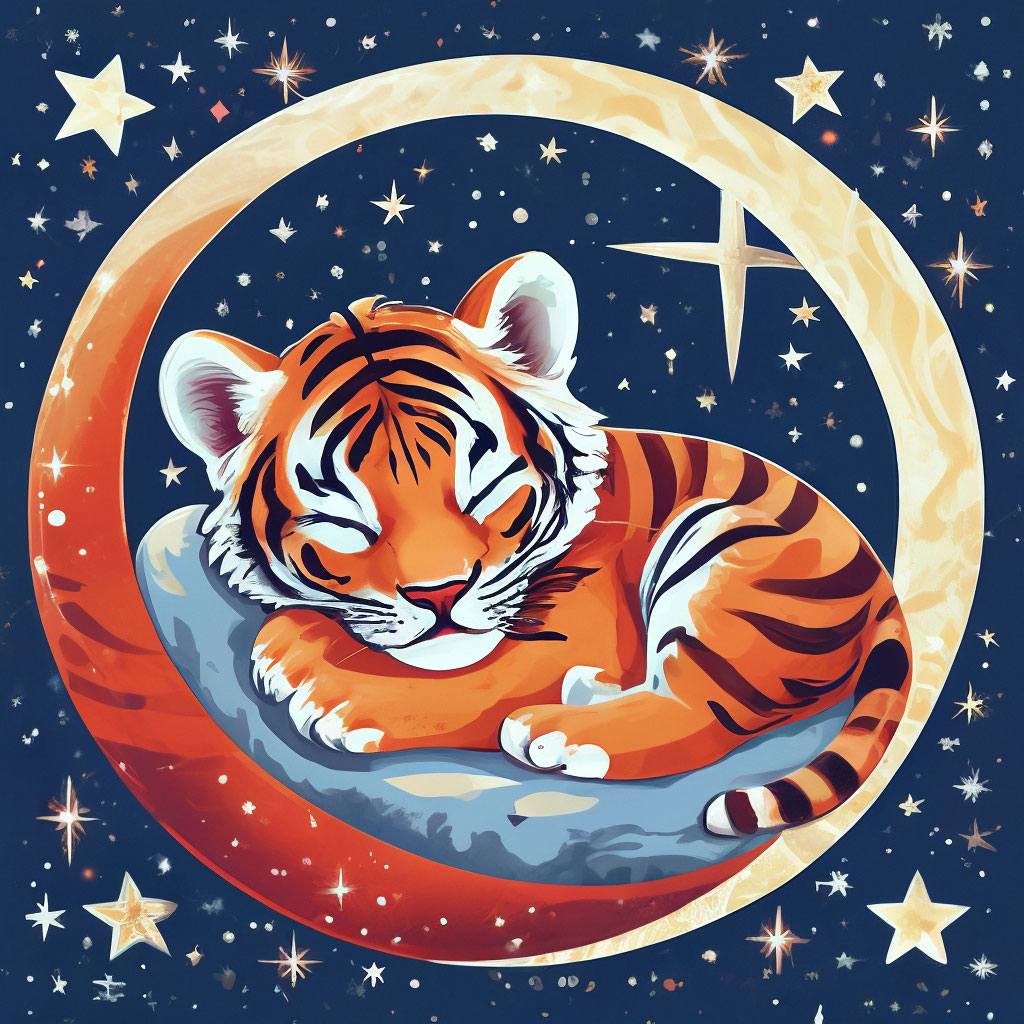 "A red tiger cub with a big muzzle sleeps on a crescent moon, stars ...