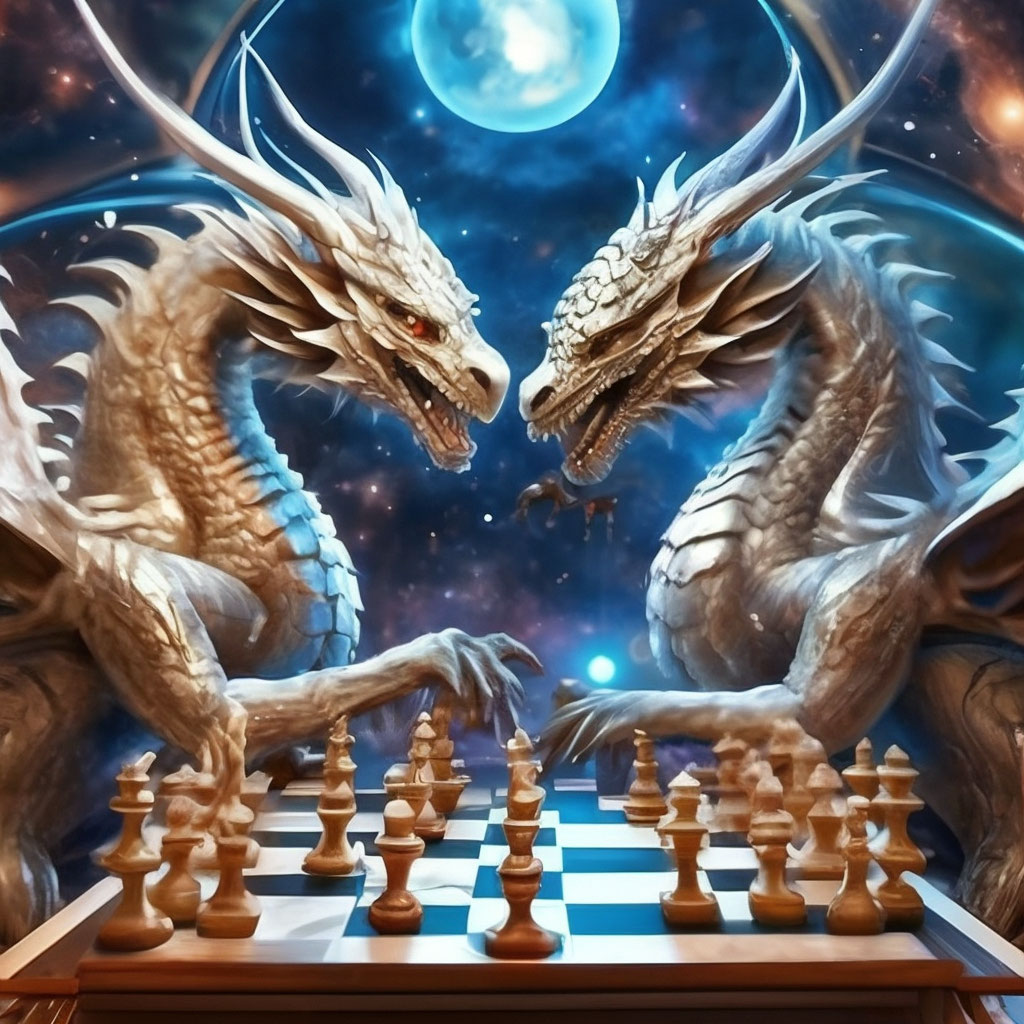 "Two thin dragons play space chess, beautiful, realistic, high detail ...
