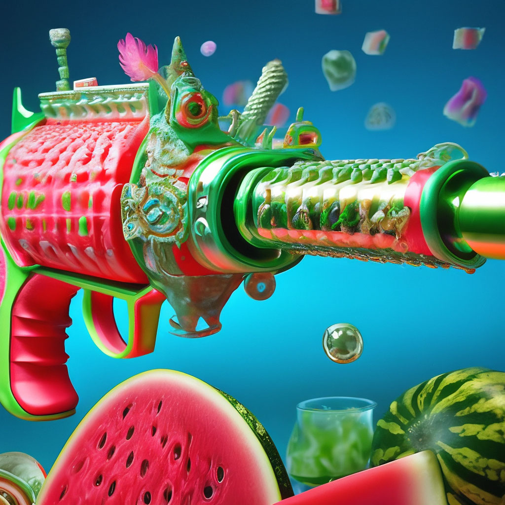 watermelon gun, surrealism,multifaceted,filigree 3d composition ...