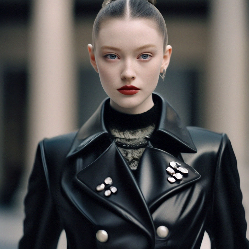 "A pale girl with a strict bun, in a black Chanel jacket. High detail ...