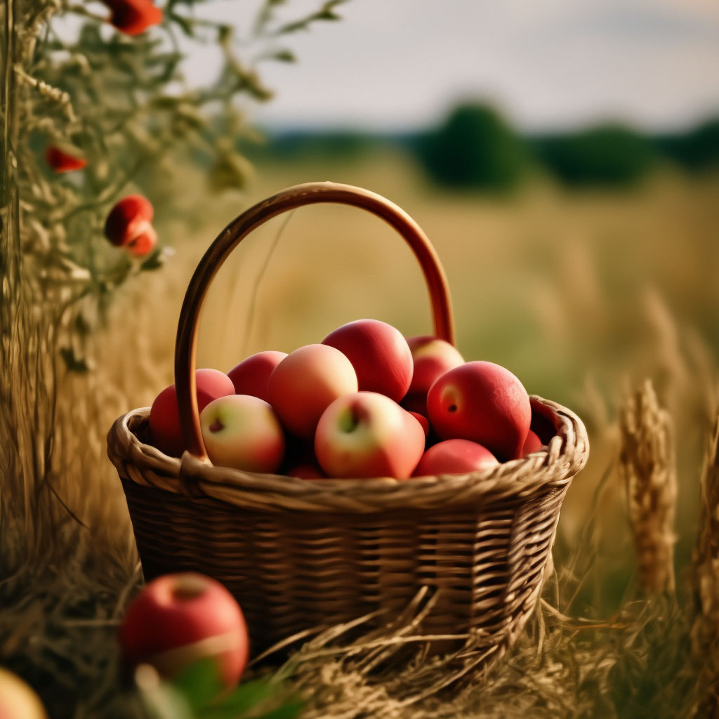 "Poppy field , apple trees , basket with apples, hay , ears ...