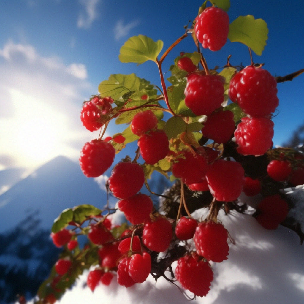 "A huge raspberry tree with leaves, flowers and bonsai berries on the ...