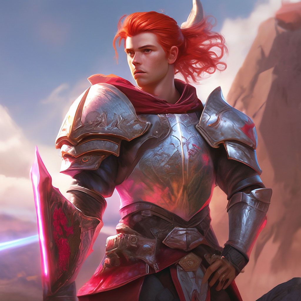 "Guy, knight, red hair in a ponytail, cyberbrony, cyberpunk, mace in ...