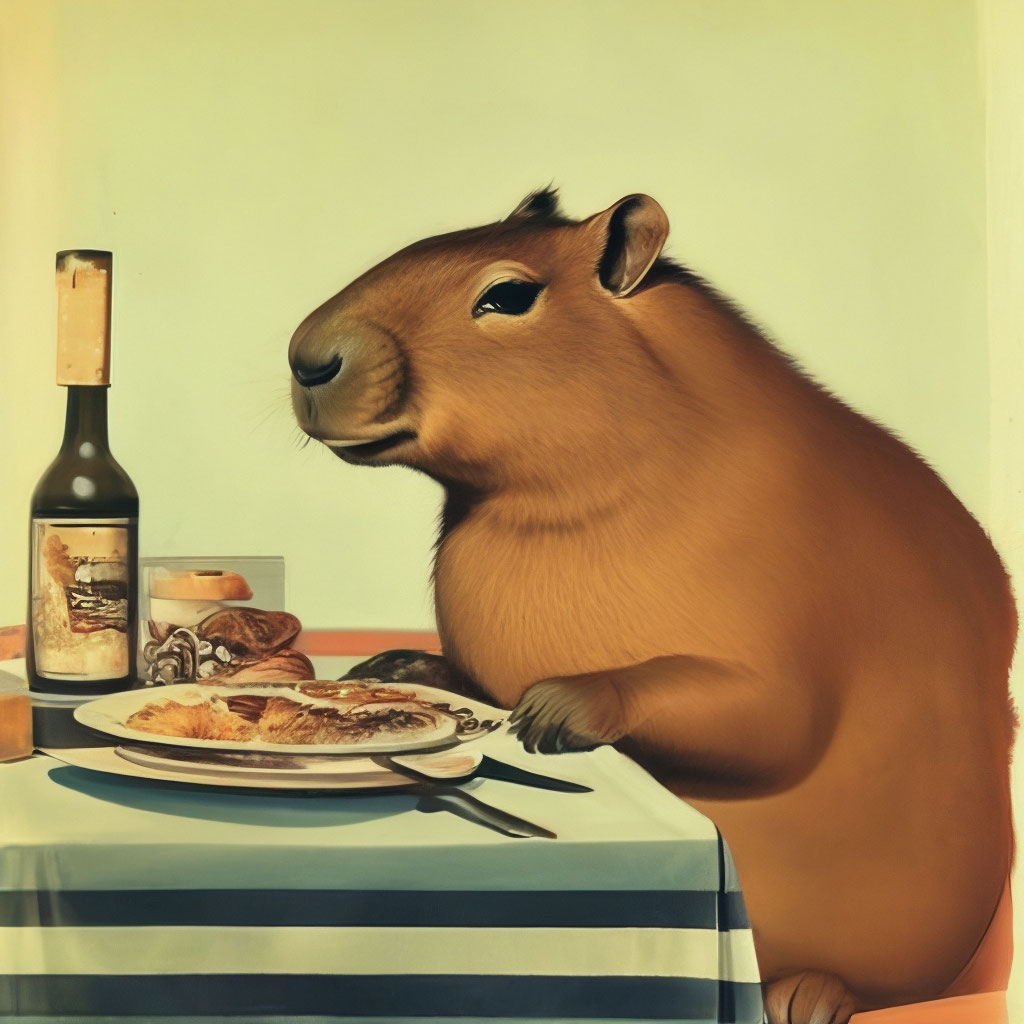 "Capybara eats at the table" — image created in Shedevrum