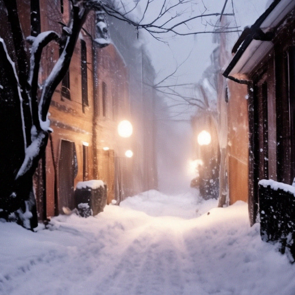 "Professional photo, winter, heavy snowfall, blizzard, old town ...