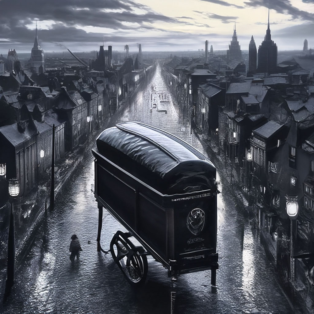 "In a black black city , a casket on wheels is riding, a casket on ...