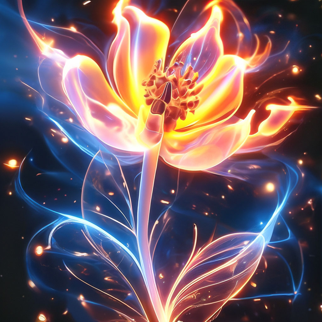 "Luminous flower crossed with fire and smoke,stars, tulip, thin ...