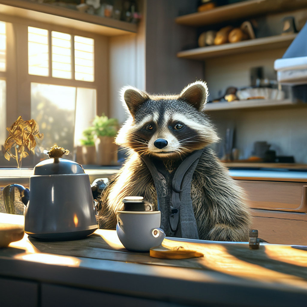 "Good morning ☕ a raccoon is sitting in a beautiful kitchen with a cup ...