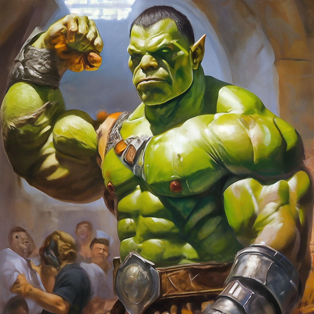 "Bodybuilder side man, orc baldurs gate jock without helmet and armor ...