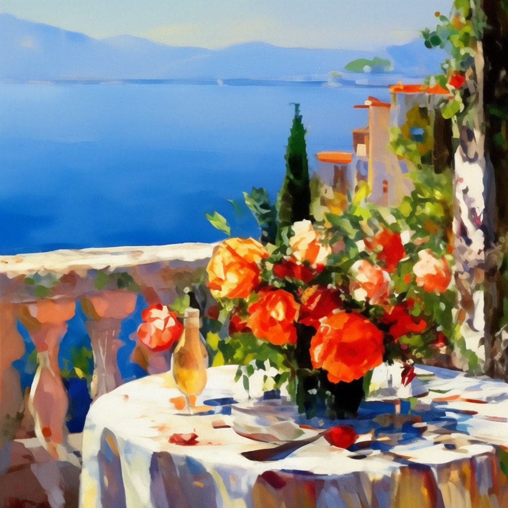 "Impressionism.the Mediterranean Sea. Terrace. the table is covered ...