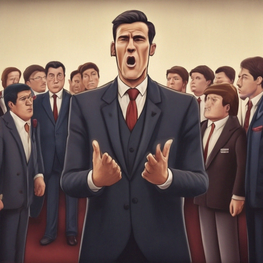 "A man in a formal suit, scolding the people, the face is clearly ...