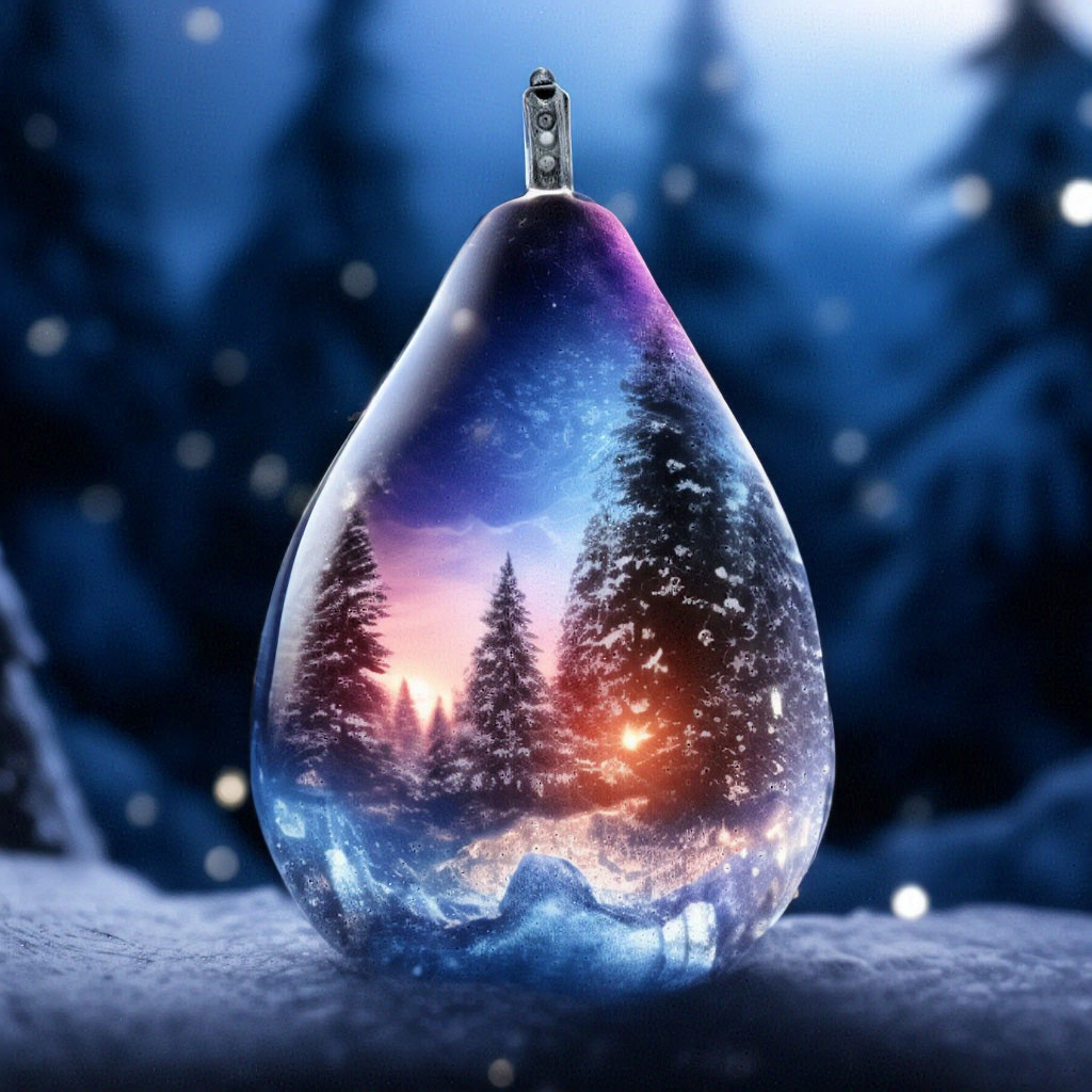 "A crystal pear with a beautiful winter forest glowing inside, silver ...