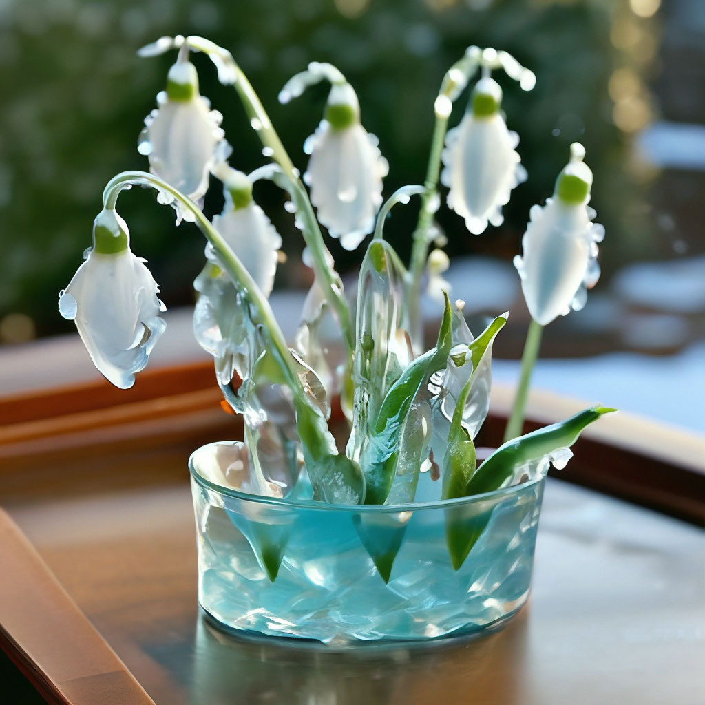 "Snowdrops made of glass with frozen dew drops" — image created in ...
