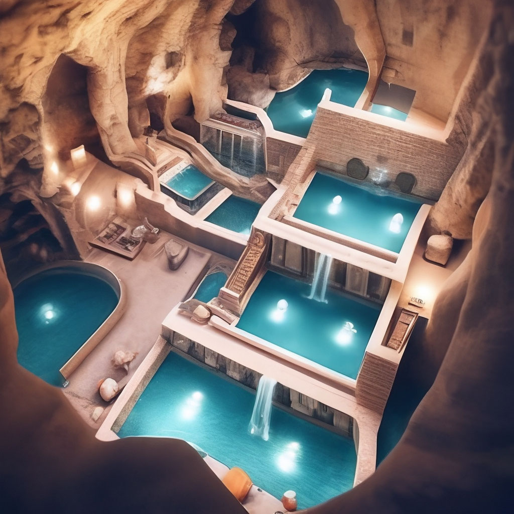 "Detailed layout of the bathing rooms in the cave, top view, stylish ...